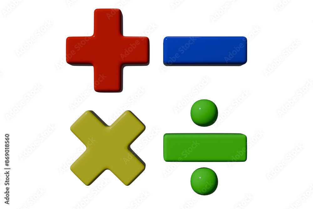 Math symbols 3D render, a red plus, blue minus, yellow multiply, green ...