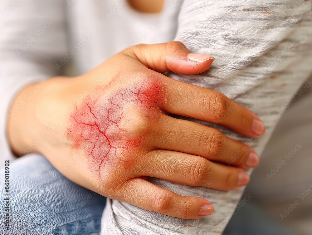 Close-up of an Asian woman's hand with an allergic rash, scratching the ...
