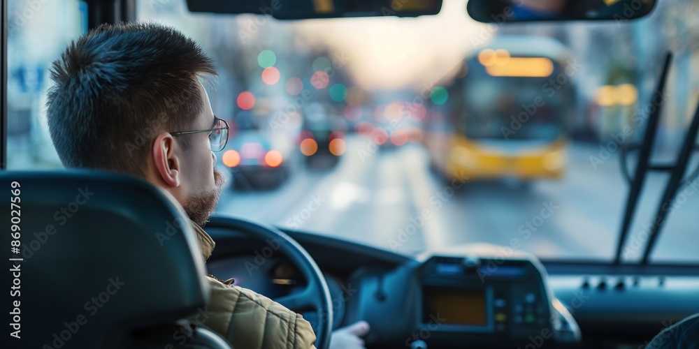 A bus driver is seen from behind, focusing on navigating busy urban ...