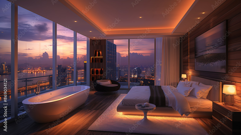 Luxury hotel room Modern stylish warm homestay room design river-view ...