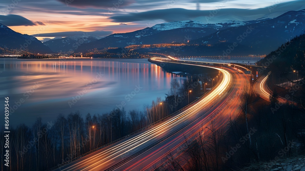 Highway with long exposure lights, night view of the lake and mountains ...