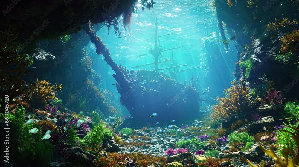 Ship isolated on underwater ground landscape. Sunken vessel amidst ...