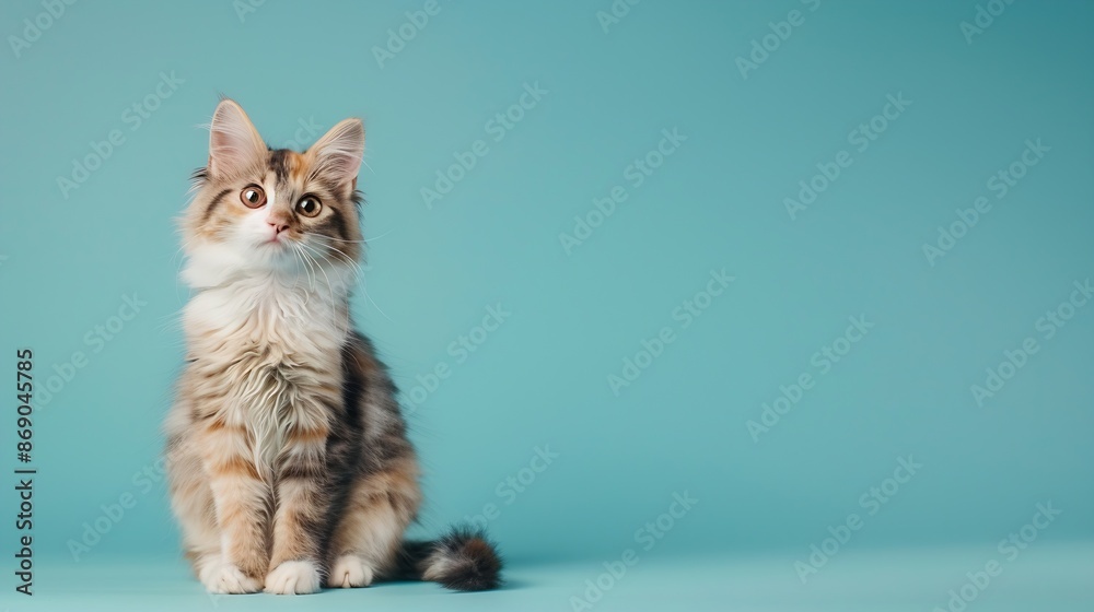 Fluffy kitty looking at camera on blue background front view Cute young ...