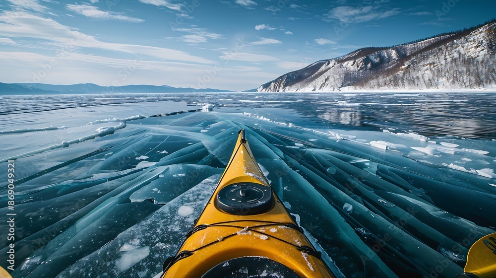Melting ice on Baikal lake Kayak sailing between ice floes on the lake ...