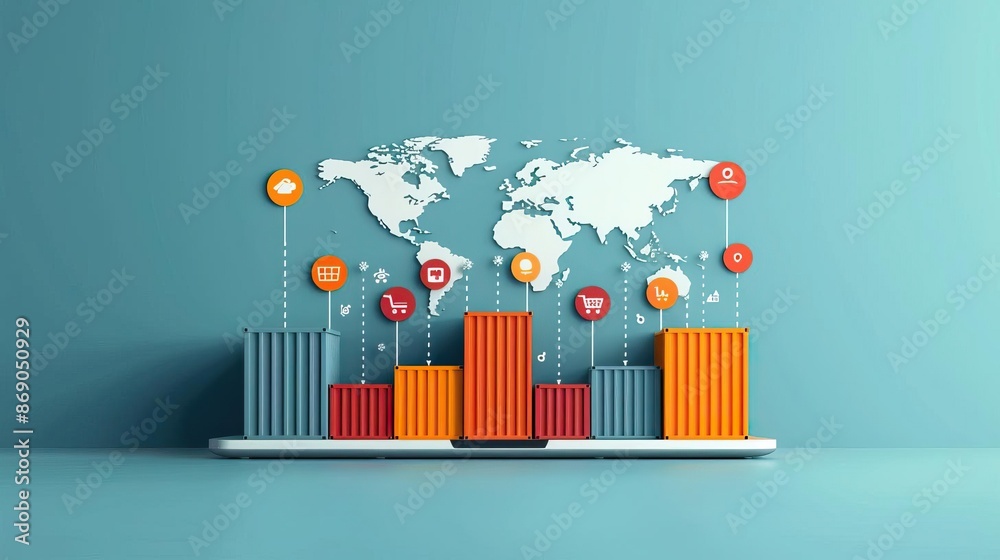 Colorful 3D bar charts with world map in the background representing ...