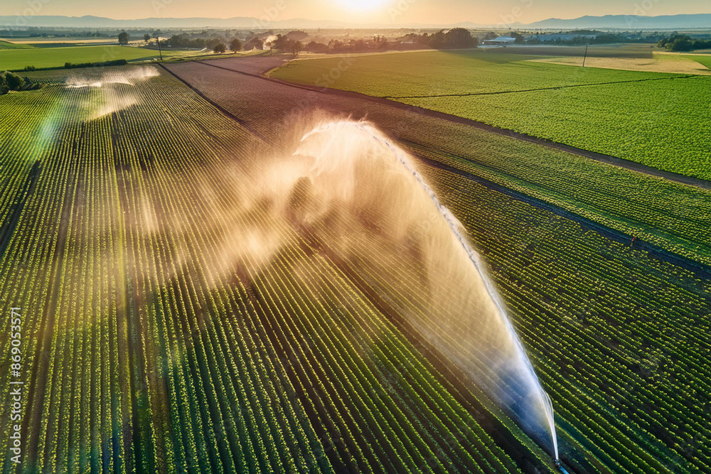 Foto de An aerial view of an irrigation system watering a field of ...