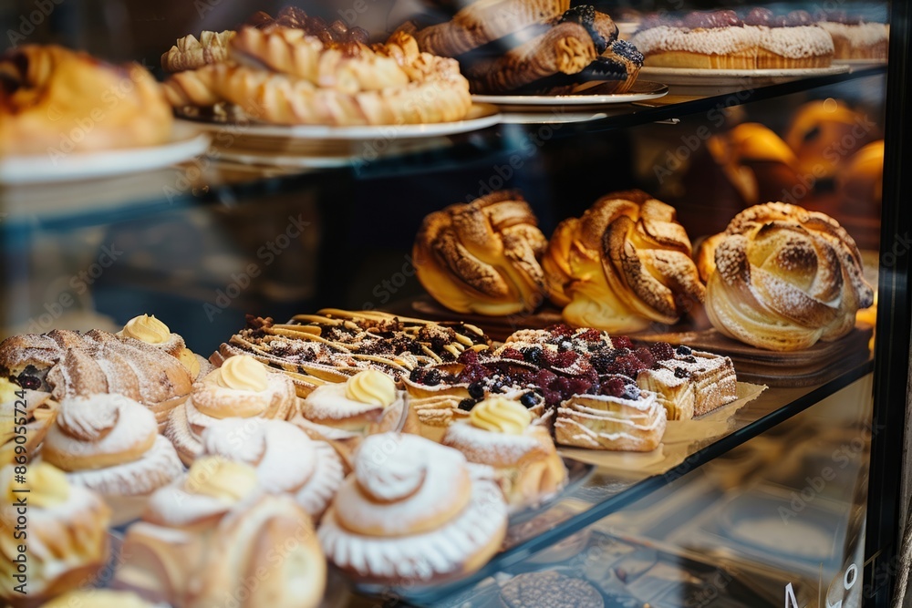 Professional Photography of a pastry shop window. Displaying attractive ...
