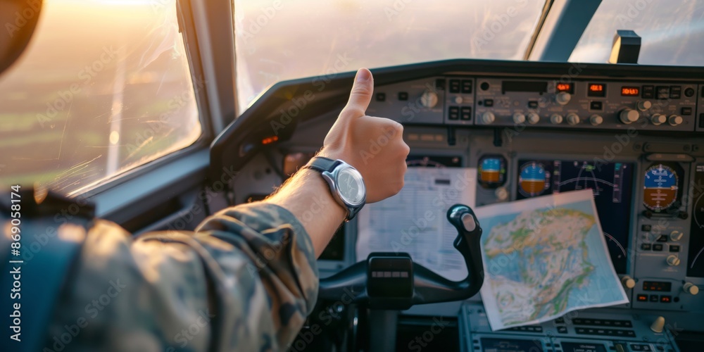 A co-pilot gives a thumbs up inside an airplane cockpit, with flight ...