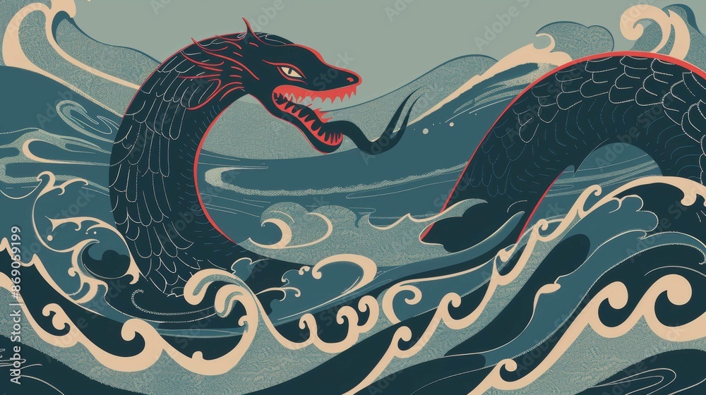 Artistic illustration of a mythical sea serpent emerging from turbulent ...