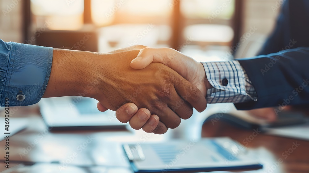 Business partners shaking hands after a successful negotiation., clean ...