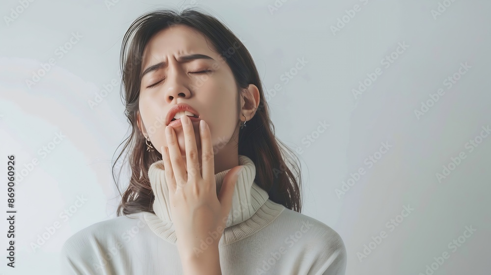 Sickness in inflaming asian young woman girl use hand check self touch ...