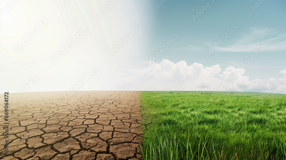 Barren land merging into a green field on a white surface. Emphasizes ...