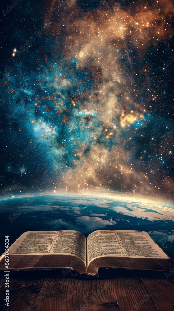 Concept Art of God's Word with an Open Bible Above Earth, Ethereal ...