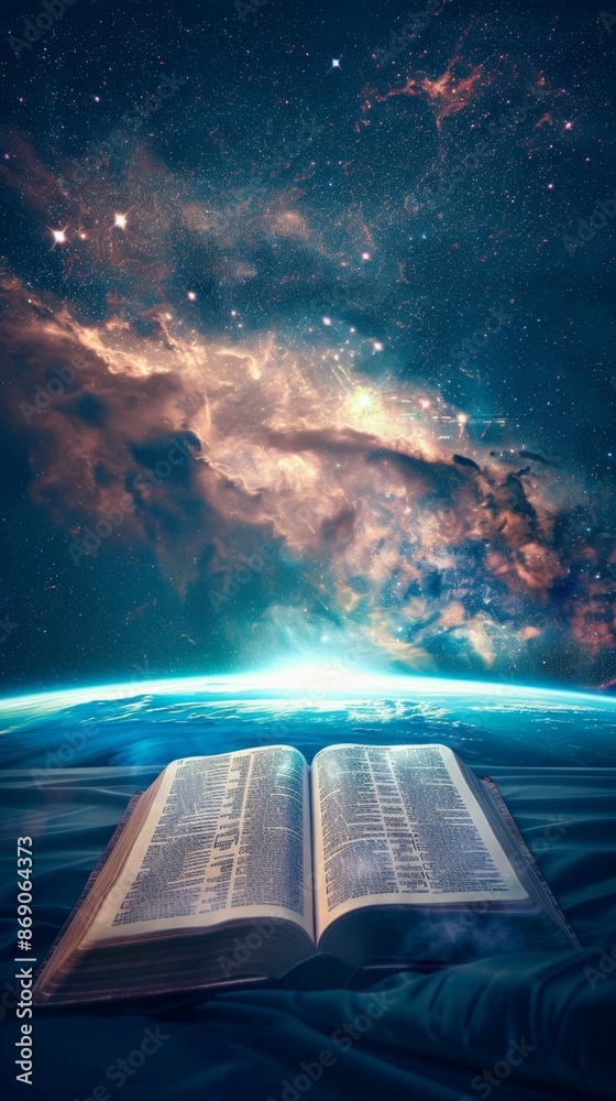 Concept Art of God's Word with an Open Bible Above Earth, Ethereal ...