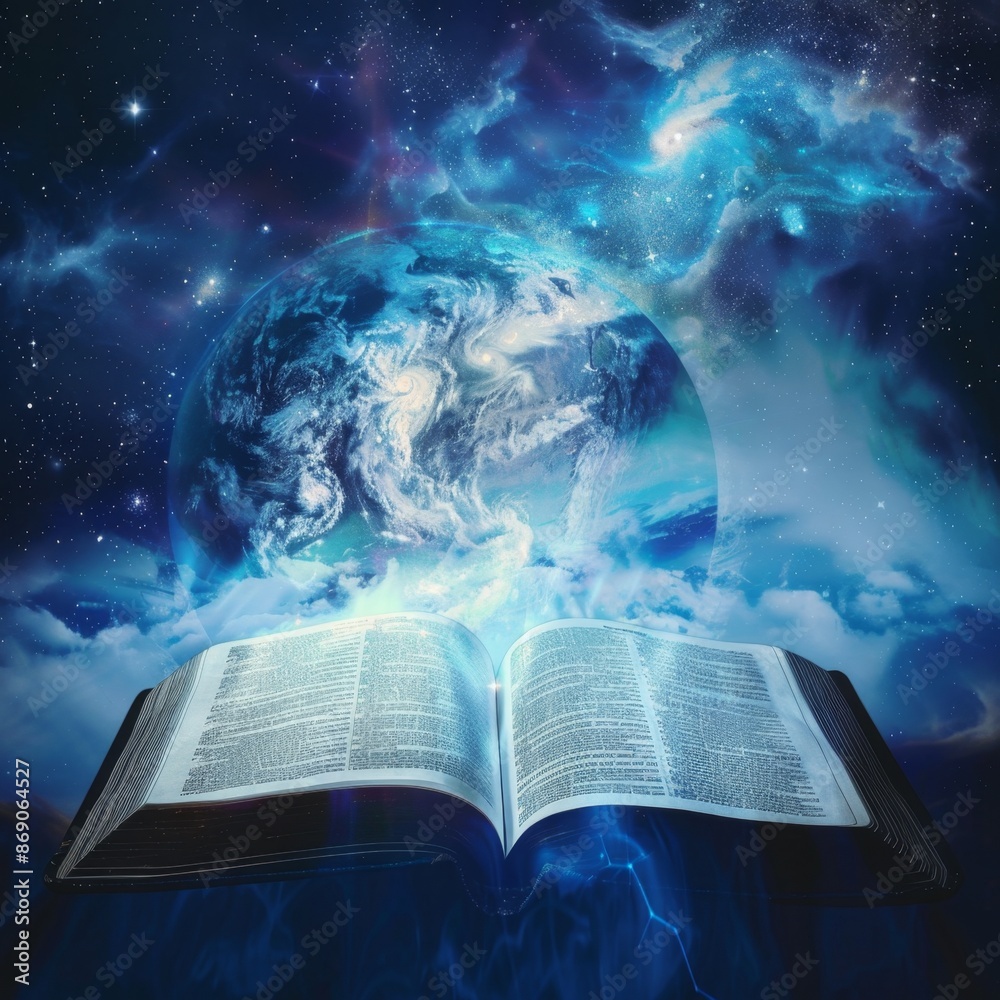 Concept Art of God's Word with an Open Bible Above Earth, Ethereal ...
