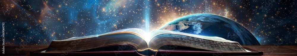 Concept Art of God's Word with an Open Bible Above Earth, Ethereal ...