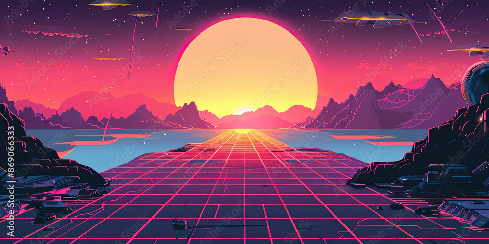 Vintage retro video game style computer graphics landscape background ...