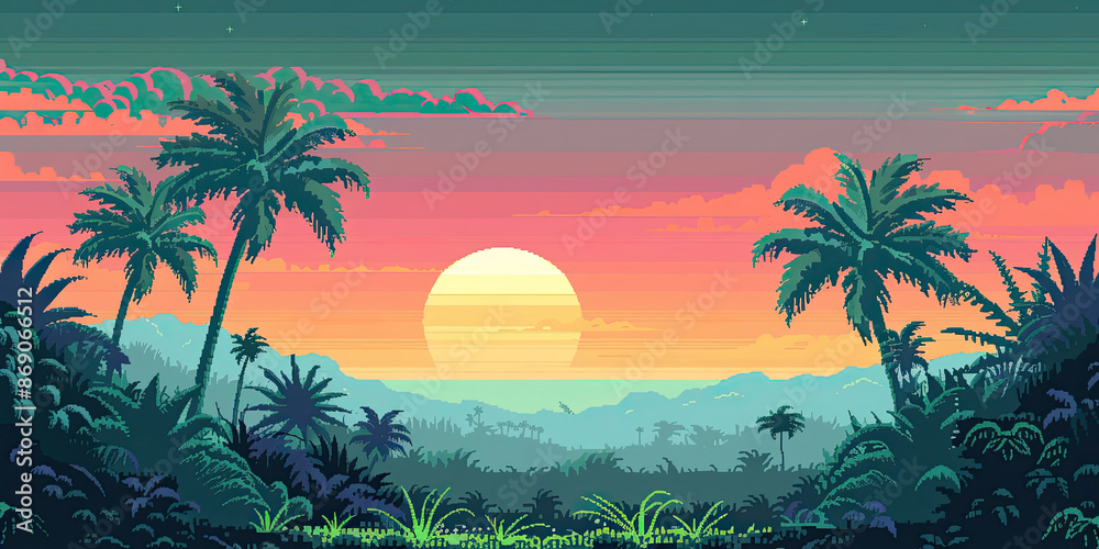 Vintage retro video game style computer graphics landscape background ...