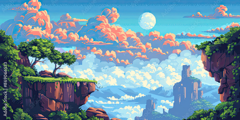 Vintage retro video game style computer graphics landscape background ...