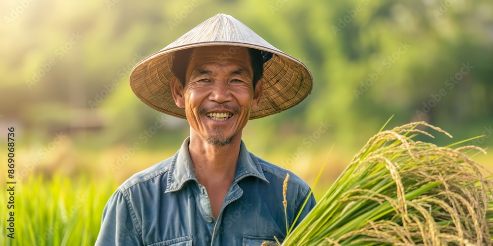 A cheerful rice farmer in traditional attire, standing in a vibrant ...