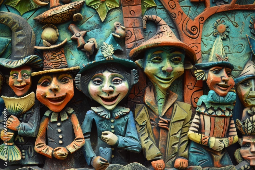 Close up of a whimsical group of statues depicting Irish folklore ...