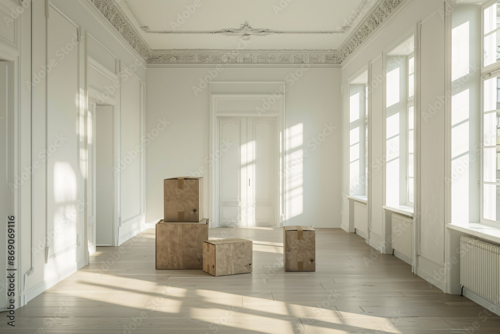 The image shows a cluttered room with unpacked cardboard boxes. The ...