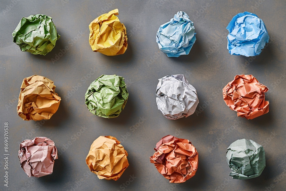 Flawed concept drafts, discarded balls of realistic crumpled paper ...