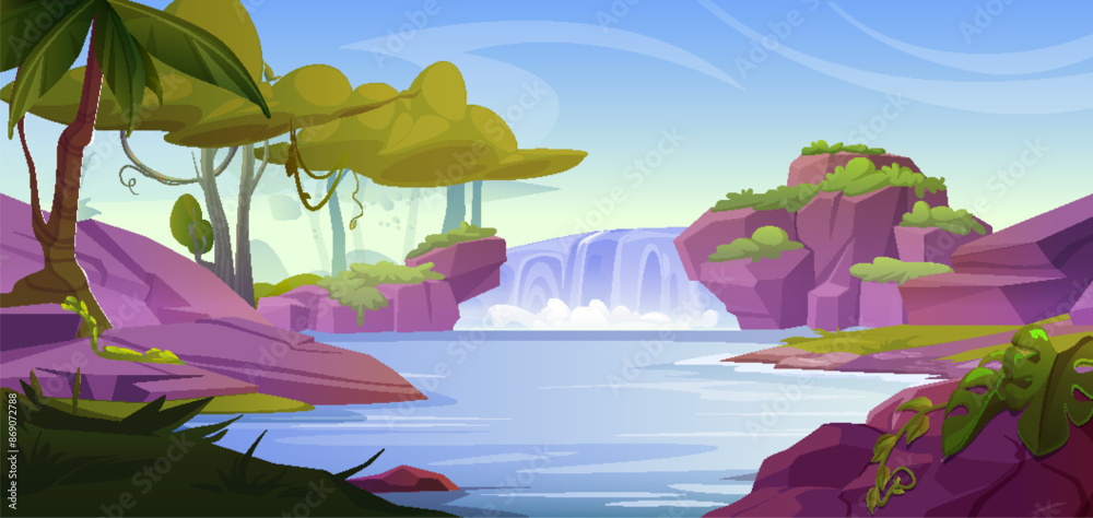 Tropical forest with waterfall cascade. Vector cartoon illustration of ...
