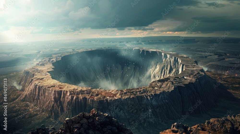 View crater impact large meteor explosion on ground earth background ...