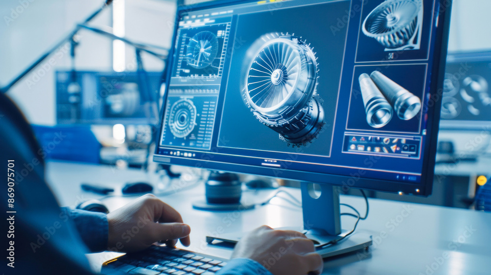 Engineer visualizing turbine engine with CAD software Stock Photo ...