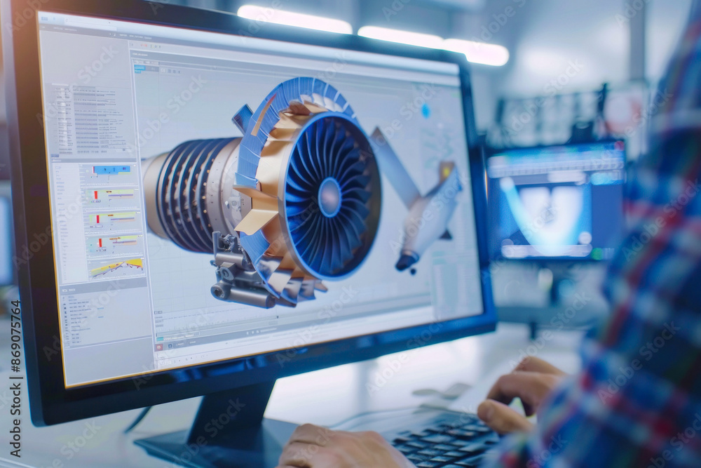 Designer working on jet engine CAD renders software Stock Photo | Adobe ...