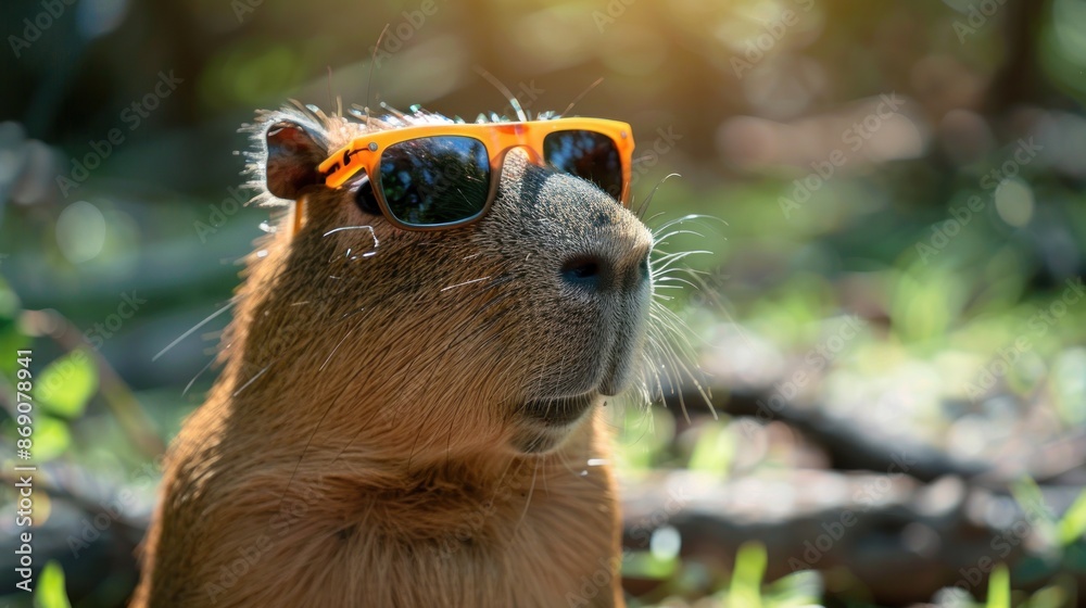 Close-up Animal capybara using funny glasses green forest background ...
