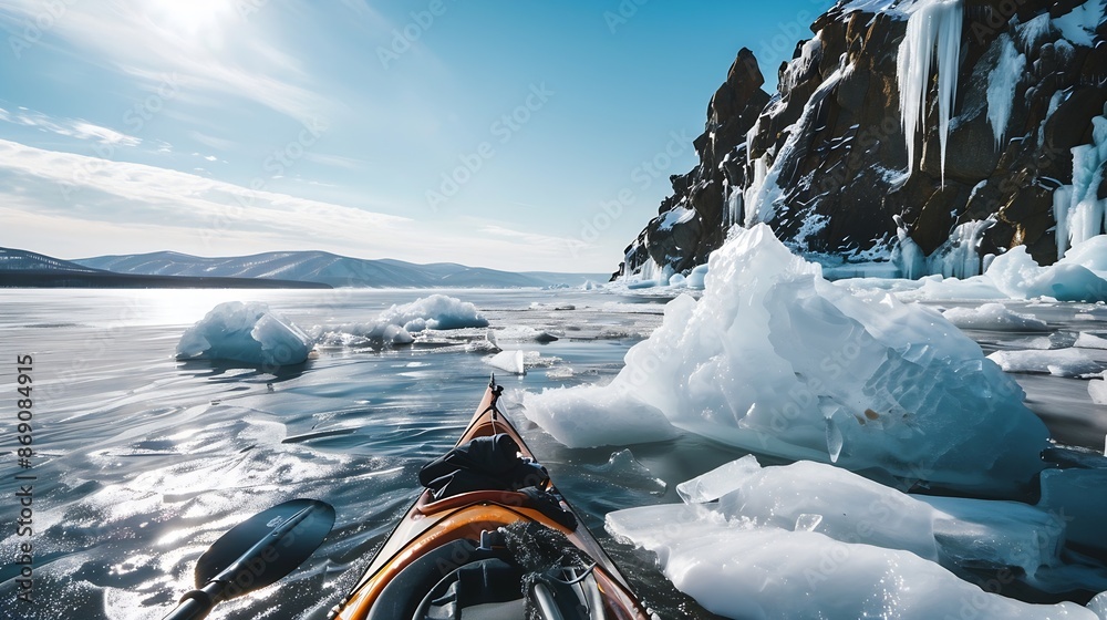 Melting ice on Baikal lake Kayak sailing between ice floes on the lake ...