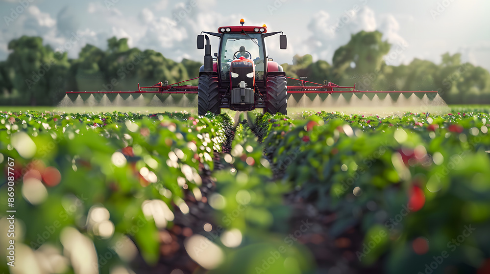 Tractor spraying pesticides fertilizer on soybean crops farm field in ...