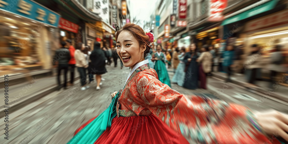 Asian woman in a modern hanbok, with vibrant colors like scarlet and ...