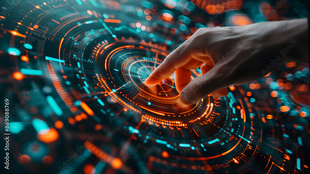 Technology abstract background with person hand touching complex ...