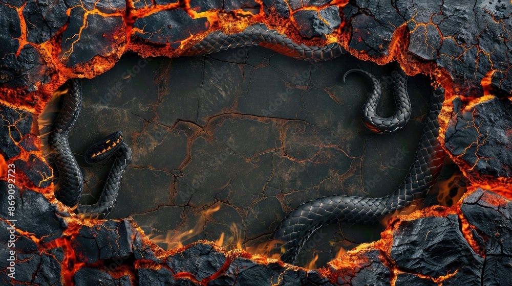 Frame with a design of a black snake and hot cracked lava. Stock Photo ...