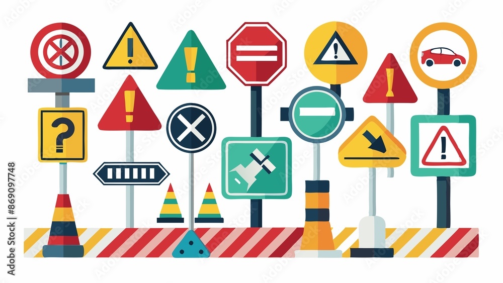 stylized collection of traffic signs and symbols, including warning ...