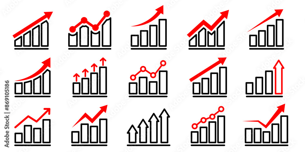 Set growth graphs charts line icons set. Data elements, bar and pie ...