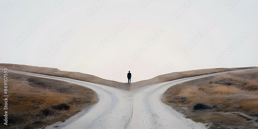 Person at fork in road symbolizes choosing between two paths. Concept Decision Making, Choices ...