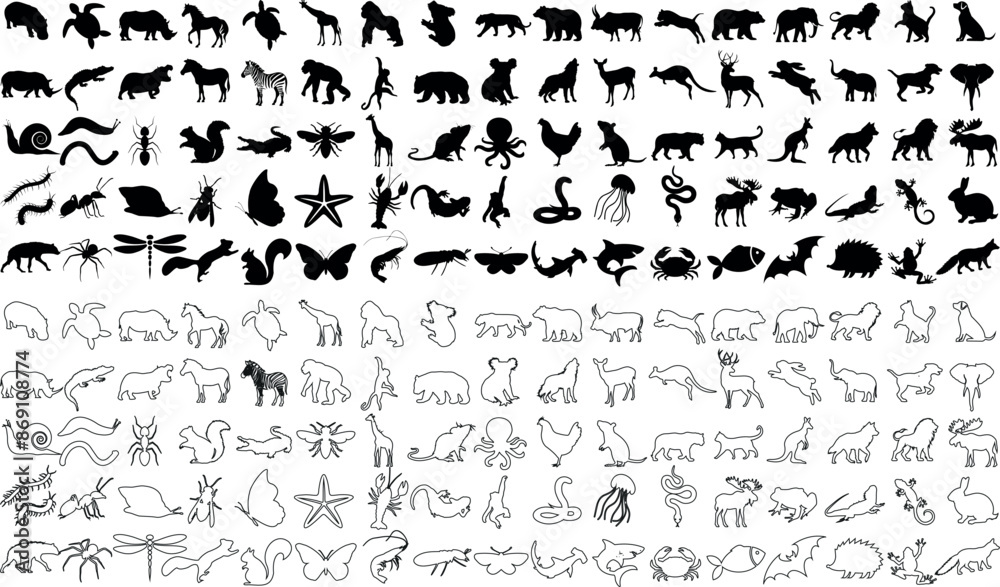Animal silhouette and outline collection, perfect animal line art for ...