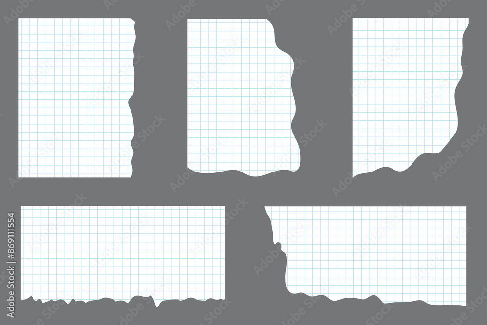 Torn lined paper scrap with ragged edges set. Ripped pieces, memo sheets or notebook shred ...