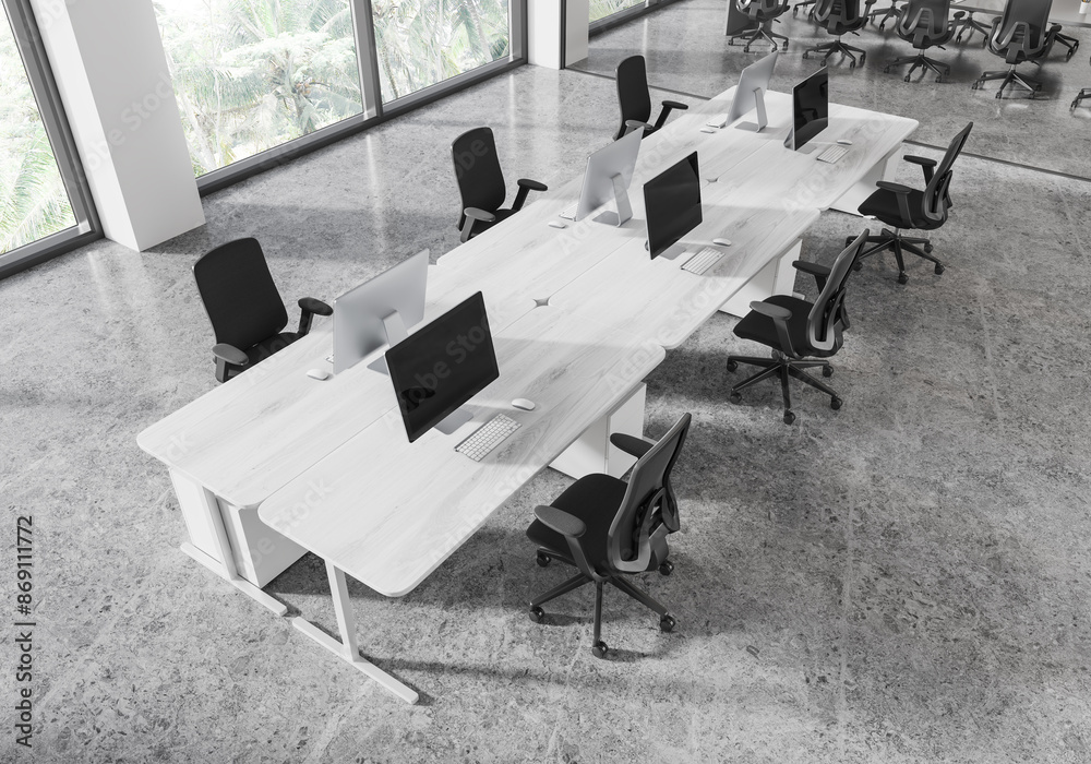 Top view of business interior with coworking and glass conference room ...