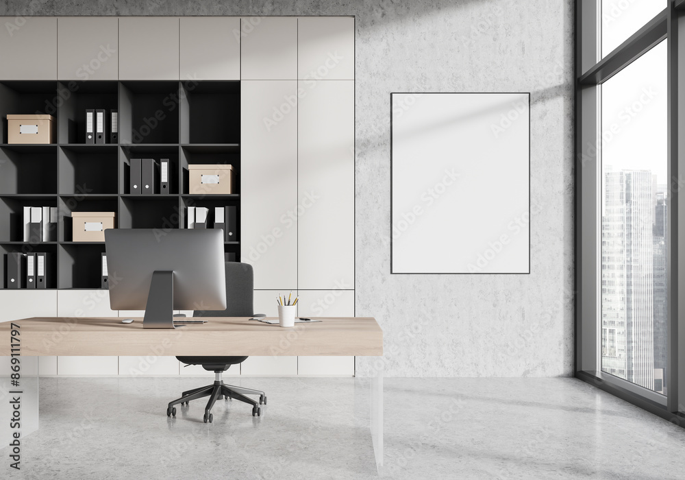 Stylish ceo interior desk with pc desktop and shelf near window. Mockup ...