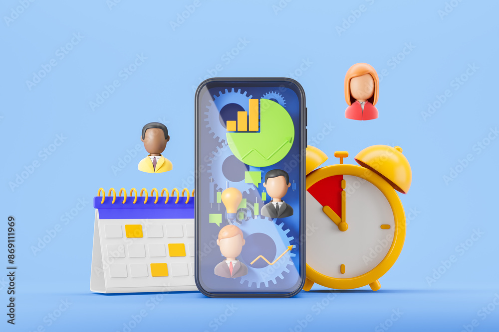 Cartoon figures with phone, business tasks and calendar with clock ...