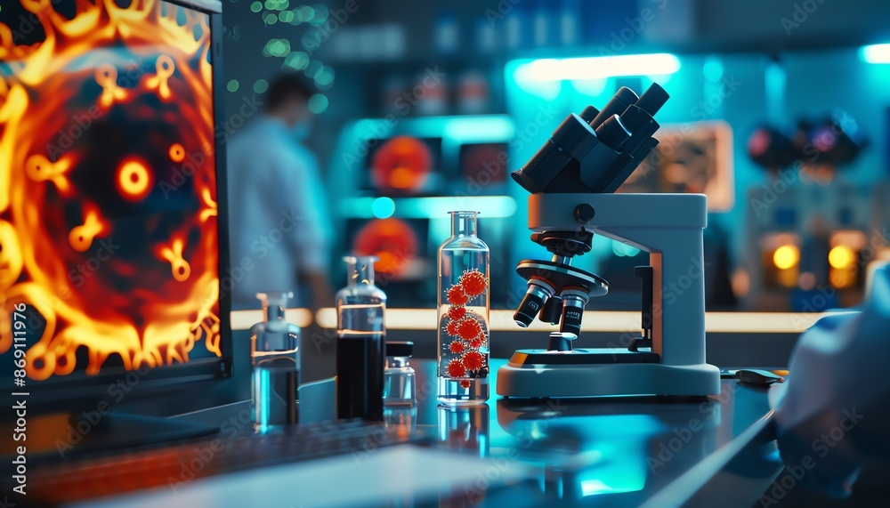 Laboratory setup with microscope, test tubes, and computer displaying ...