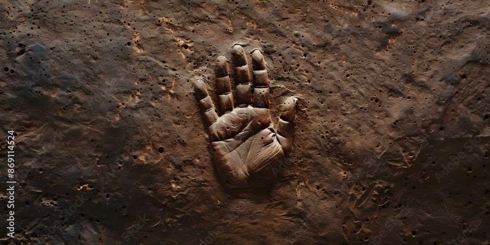 Metallic brown cave wall with human handprint outline ancient mural ...
