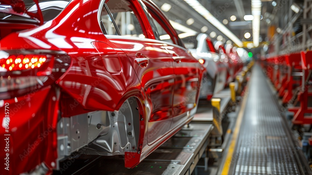 `Car production line in factory, the car body is red and silver color ...