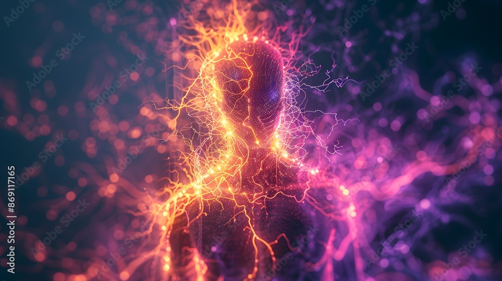 Visualization of a human silhouette with bright electric pulses ...