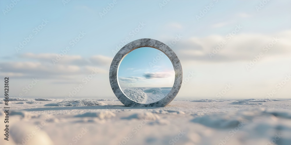 Digital desert landscape with a mirror portal leading to a fantasy ...